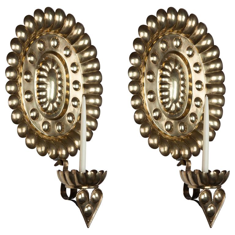 Pair of Antique Repoussé Brass Sconces, Dutch or English, circa 1880 ...