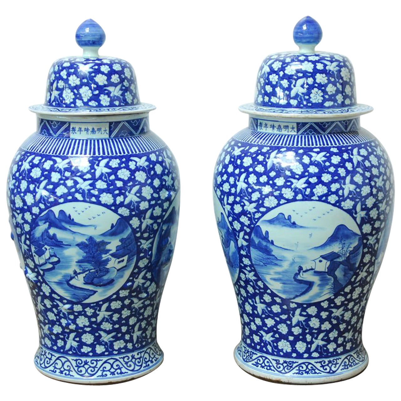 Massive Pair of of Blue and White Hand Painted Temple Jars at 1stDibs