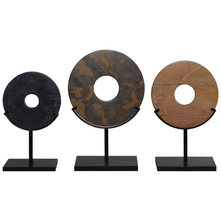 Set of Three Marble Discs on Custom Metal Stands For Sale at 1stDibs