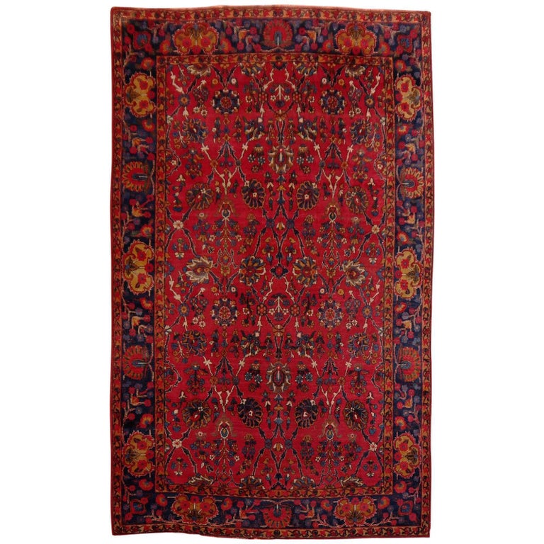 Antique Indian Agra Rug hand knotted red blue gold For Sale at 1stDibs