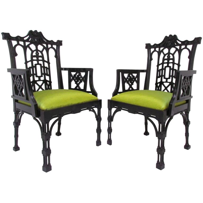 Pair of Chinese Chippendale Carved Fretwork Armchairs at 1stDibs
