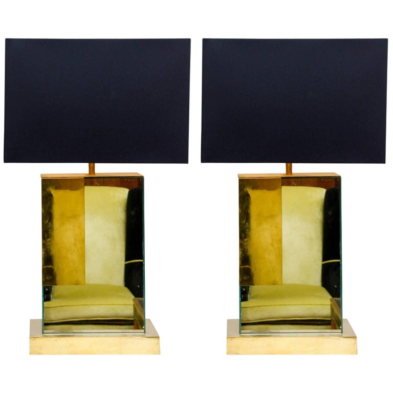 Pair of 1970s Brass and Mirror Lamps For Sale at 1stDibs