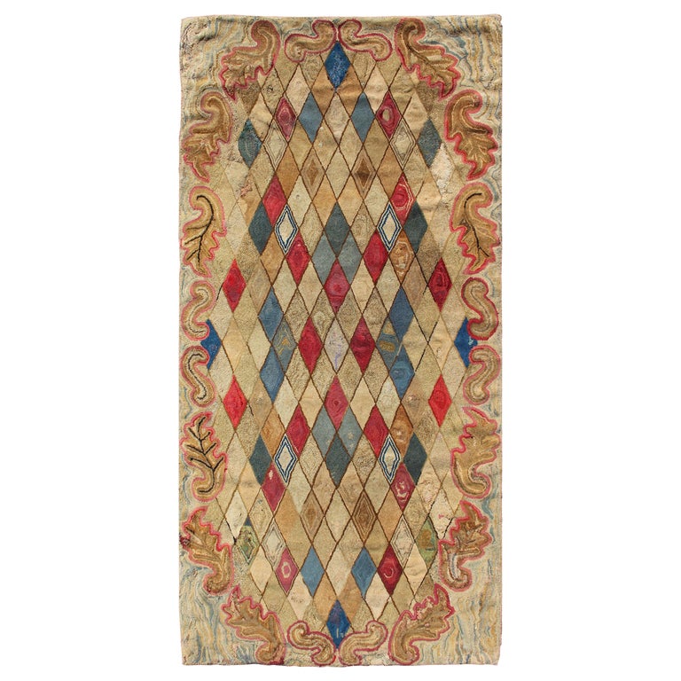 Colorful 19th Century Antique American Hooked Rug with Diamond Design ...