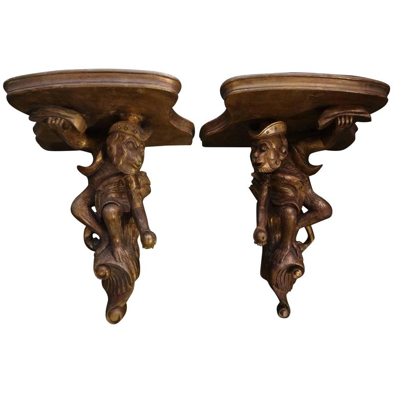 Pair of Italian Gilt Wood Monkey Wall Brackets at 1stDibs