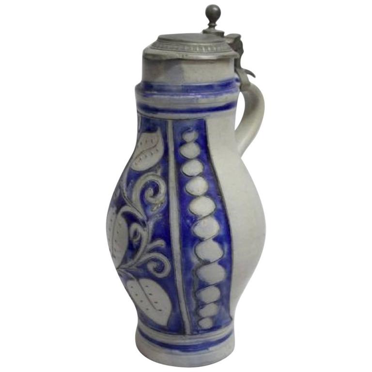 Big Antique Salt Glazed Blue Beer Mug Stein Westerwald, 1850 at 1stDibs