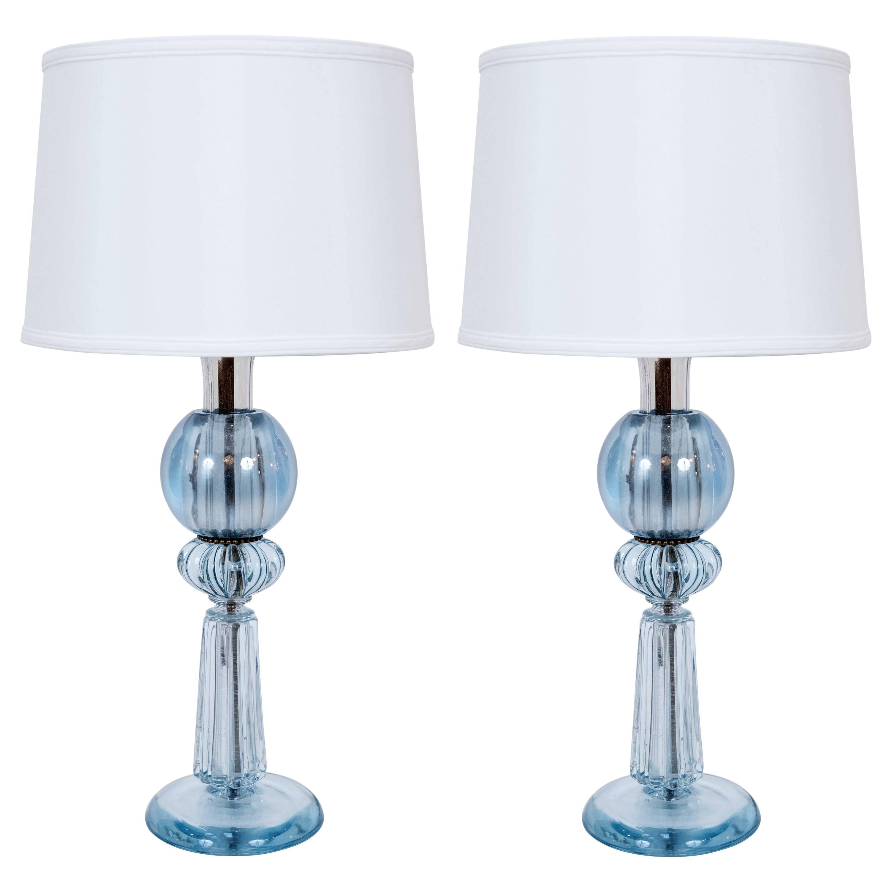 Pair of Vintage Mid-Century Blue Murano Lamps at 1stDibs