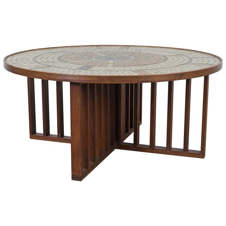 1960s Walnut Coffee Table with Mosaic Glass Tile Top at 1stDibs