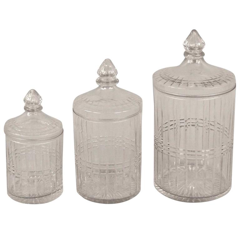 American Cut-Glass Covered Jars in a Graduated Set of Three at 1stDibs