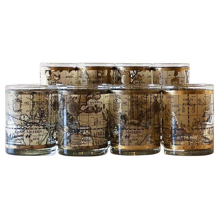 Cera "Old World Map" Glasses, Set of 16 at 1stDibs