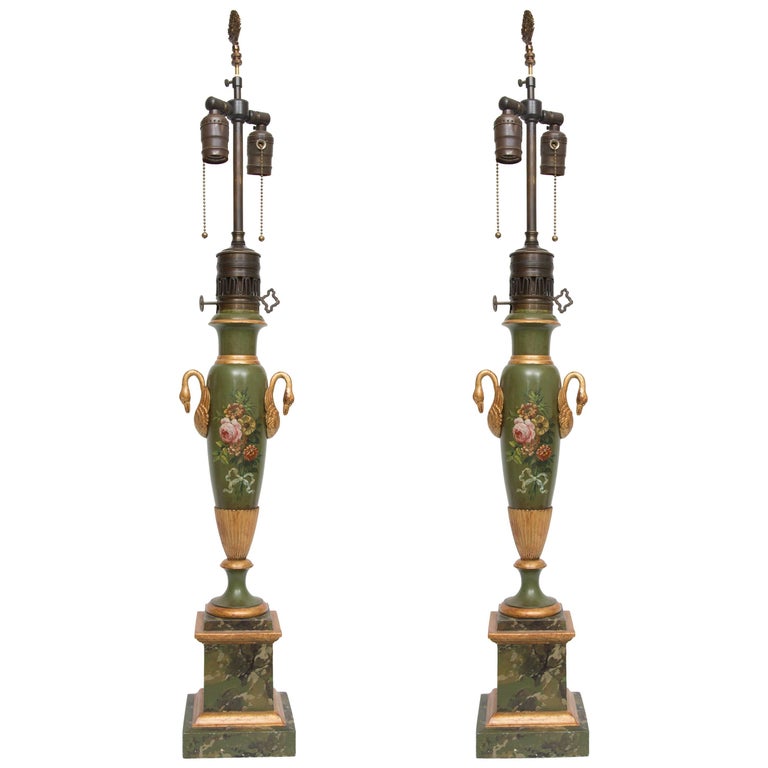 Pair of Victorian Painted Tole Lamps For Sale at 1stDibs