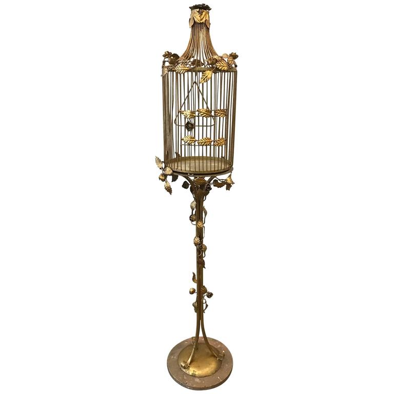 Vintage Iron Gilt Bird Cage with Marble Base at 1stDibs