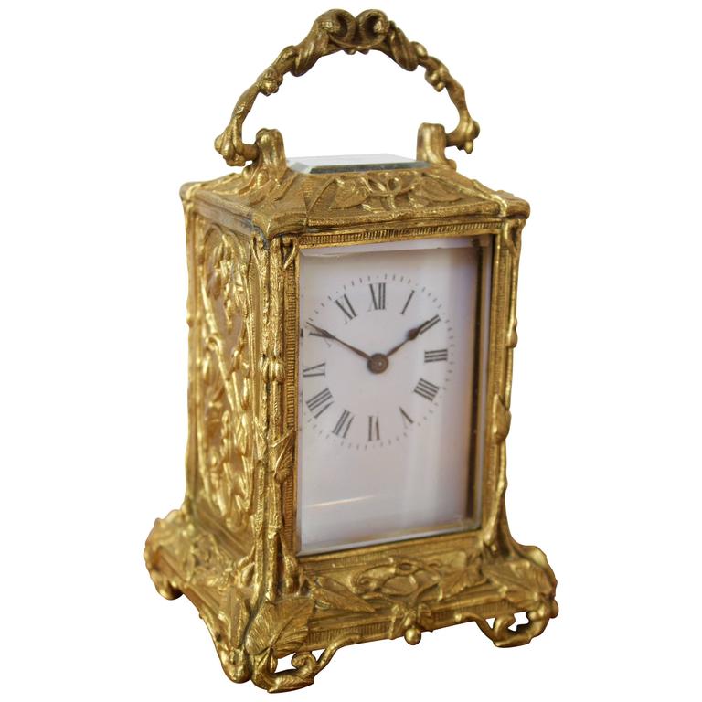 Antique French Art Nouveau Gilt Bronze Carriage Clock For Sale at 1stdibs