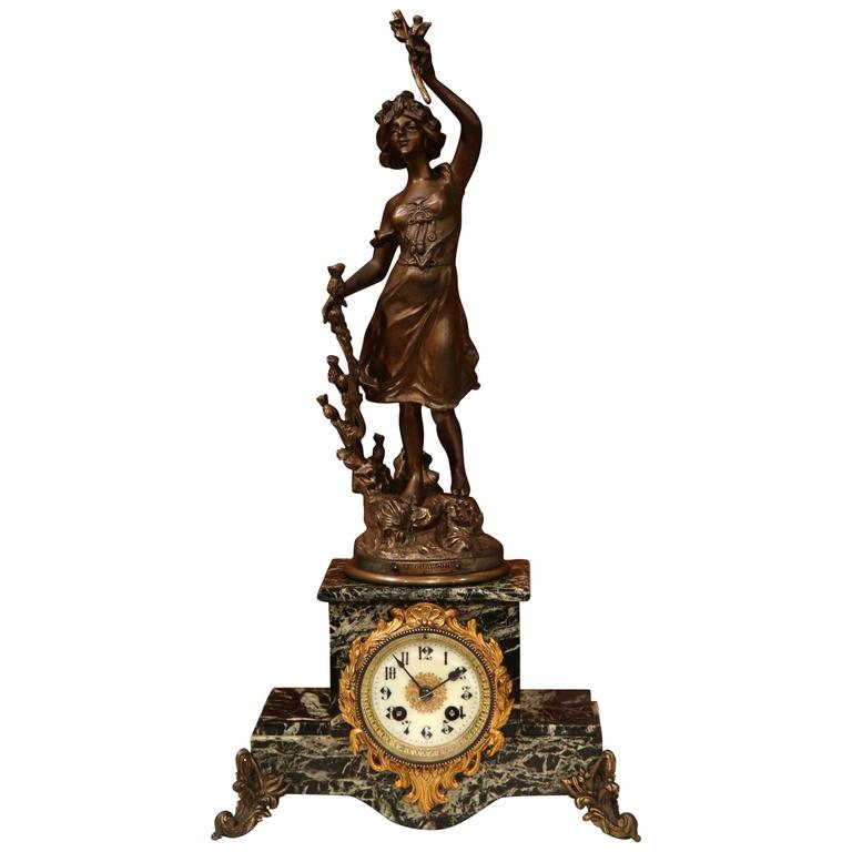 19th Century French Spelter and Marble Signed Mantel Clock with ...