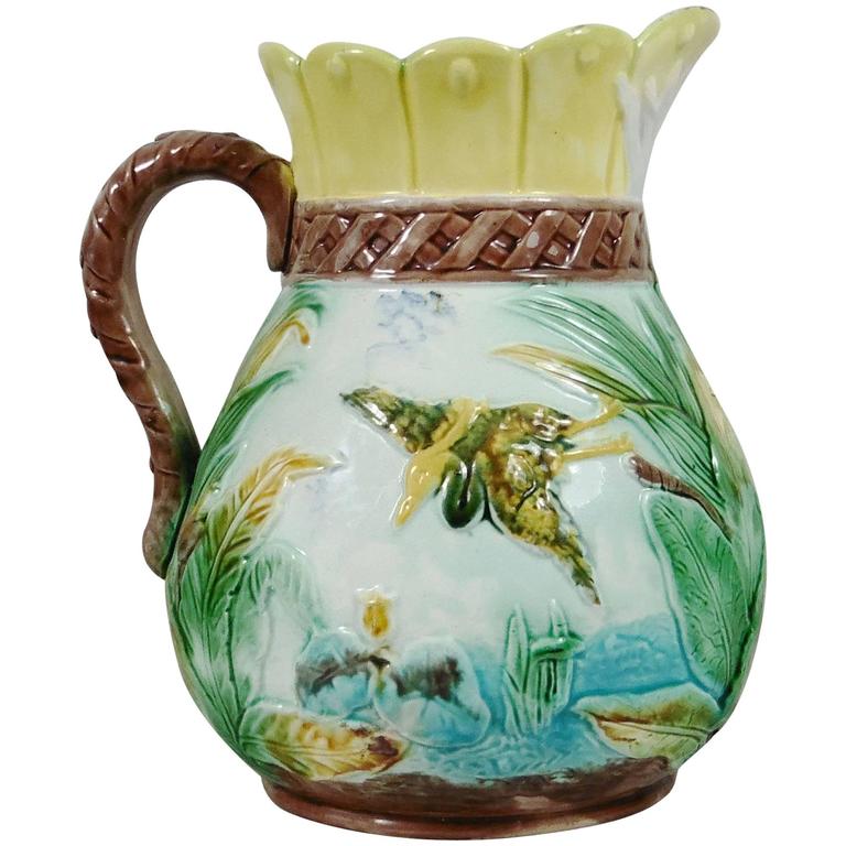 19th English Majolica Bird Stork Pitcher at 1stDibs