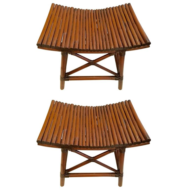 Pair of American Mid-Century Thebes Type Rattan Style Benches at 1stDibs
