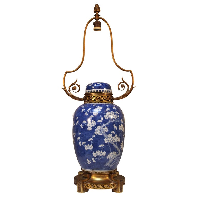 A Chinese Blue and White Porcelain Lamp Base with French Bronze Mounts ...