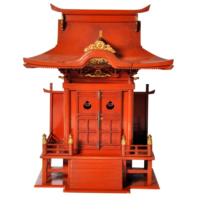 Japanese Shrine with Red Lacquer and Gold Paint at 1stDibs