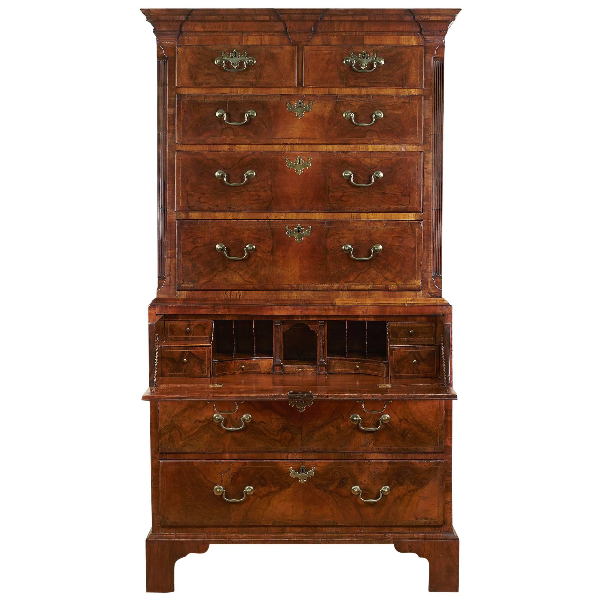 George II Inlaid Walnut Chest-on-Chest with Secretaire at 1stDibs