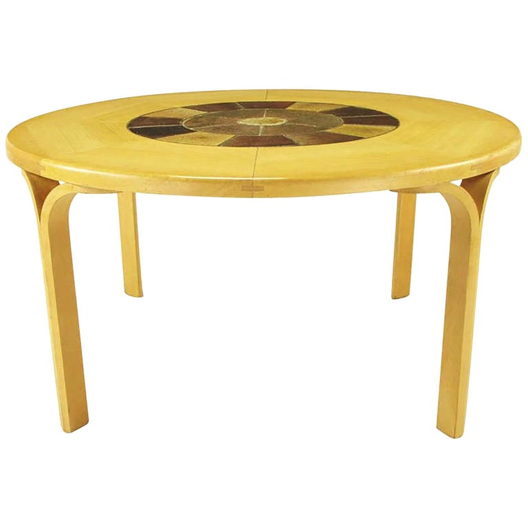 Round Inset Tile and Rift Cut Birch Y-Leg Scandinavian Dining Table For ...