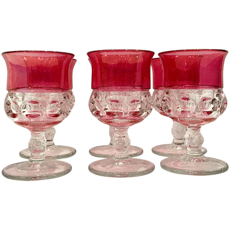 Mid-Century "Kings Crown" Ruby and Clear Cut Crystal Stem Goblets Set ...