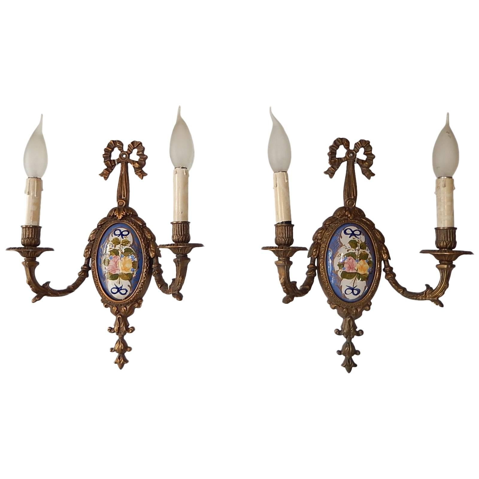 1900 Sevres Style Hand-Painted Floral Bronze Bows Sconces at 1stDibs