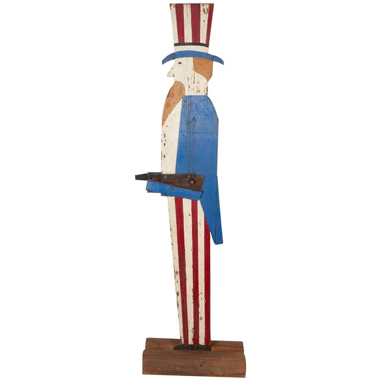 Very Tall Wooden Uncle Sam Flag Holder with Old Paint For Sale at 1stdibs