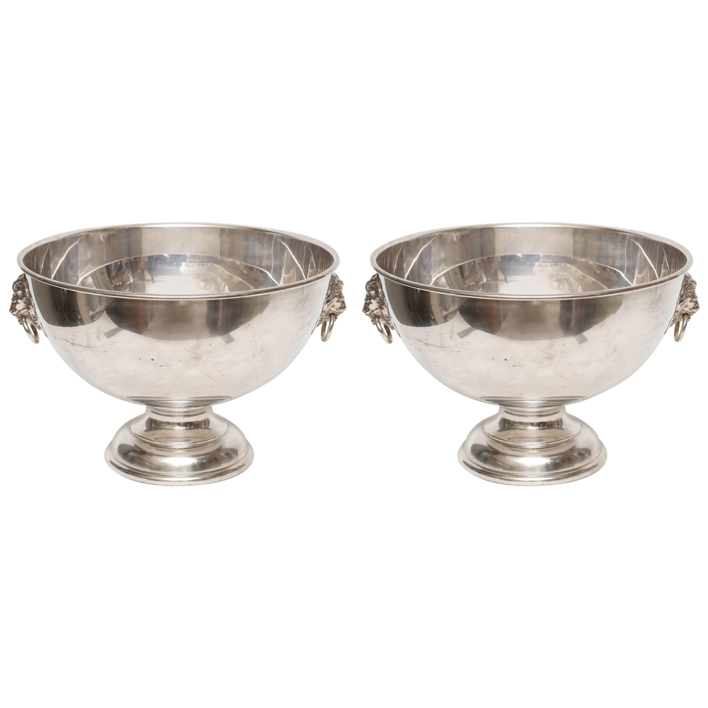 Pair of Antique Silver Plated Punch Bowls, Lion Head Handles For Sale ...