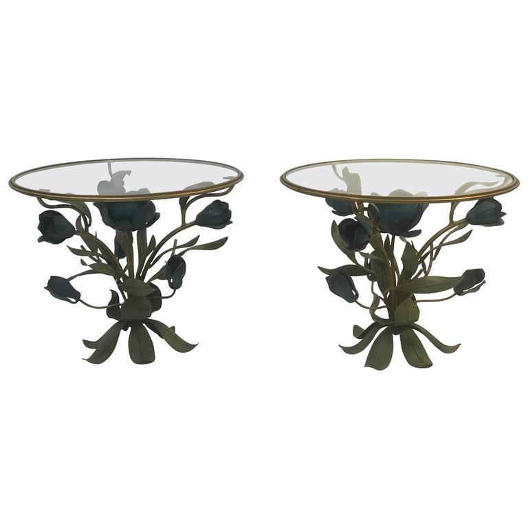 Beautiful Pair of Mixed-Metal Side or Accent Tables with Flower and ...