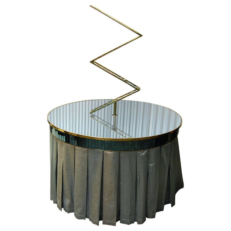 Custom Table with Blue Mirrored Top and Silk Skirt at 1stDibs