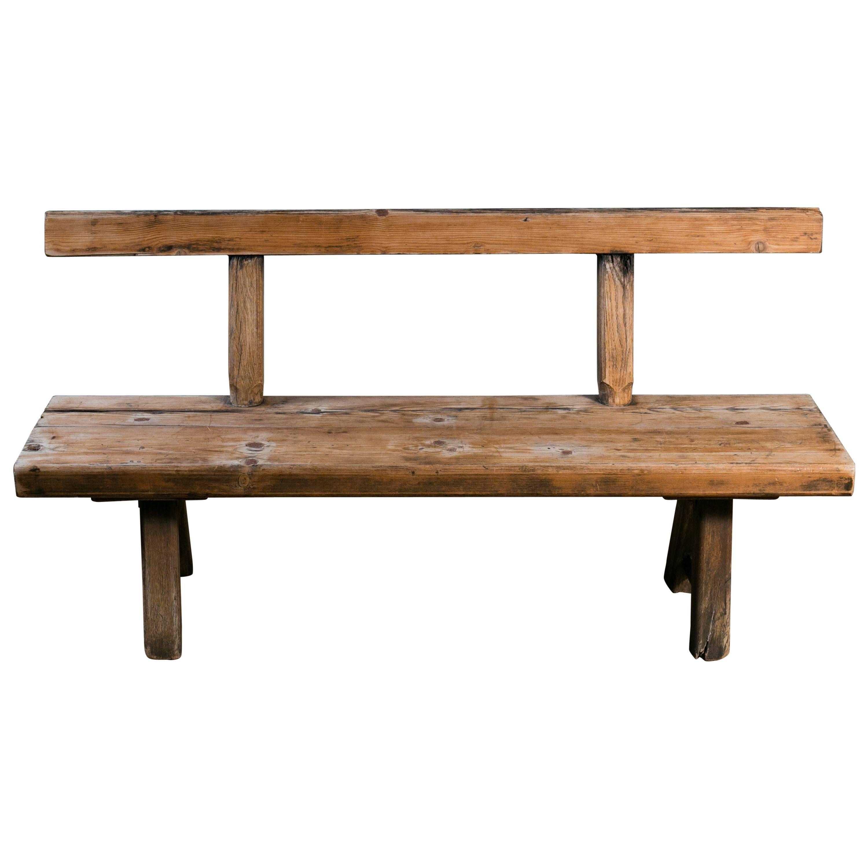 Long Primitive Wooden Bench with Back at 1stDibs