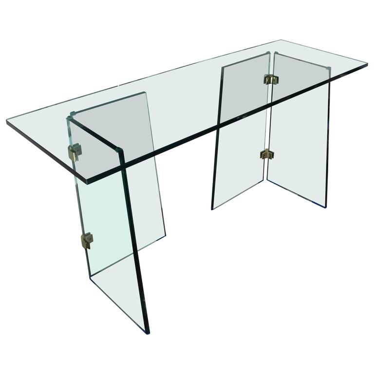 Sleek Clear Glass Desk or Console with Angled Legs at 1stDibs
