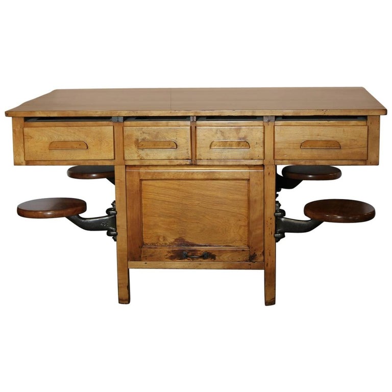 1920s American Double Sided Science Laboratory Table with Swivel Stools ...