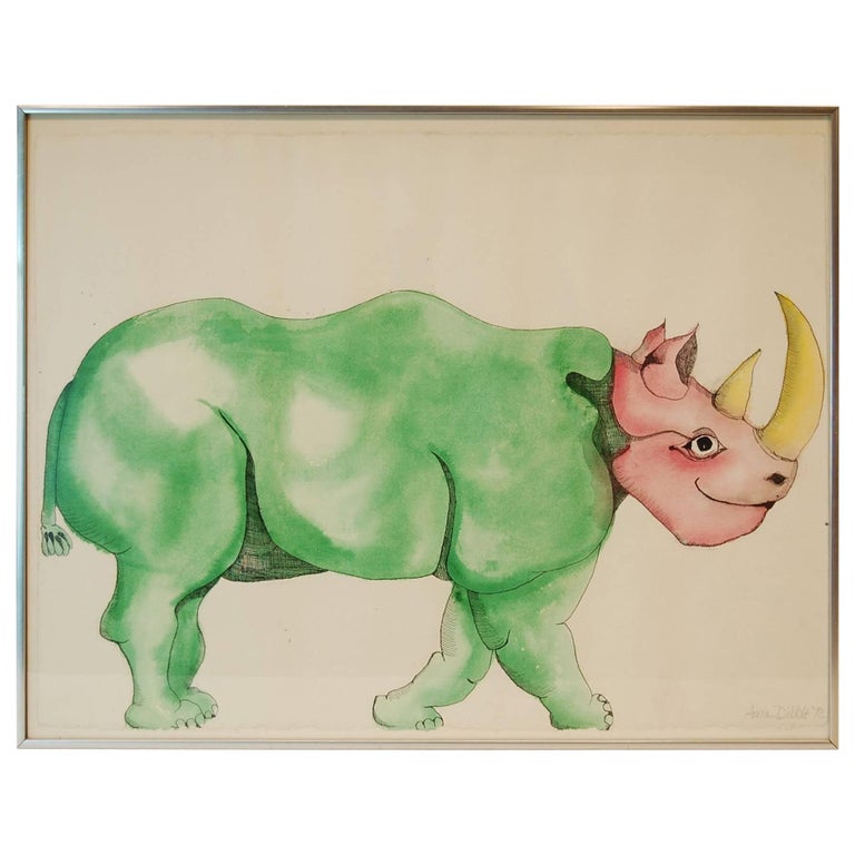 Signed Watercolor of Rhinoceros by Anna Dibble, 1972 For Sale at 1stDibs