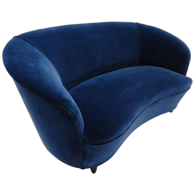 Blue Velvet Lovely Curved Sofa at 1stDibs