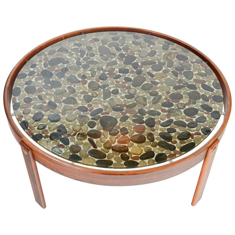 Danish Modern River Stone and Rosewood Coffee Table at 1stDibs