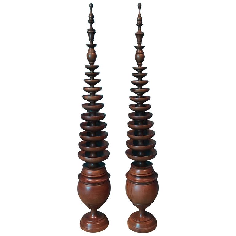 Large Pair of 1960s Turned Wood Finials at 1stDibs
