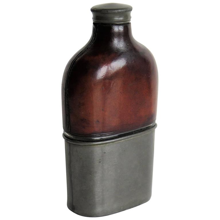 19th Century Antique Hip Flask Leather and Glass with Pewter cup base ...