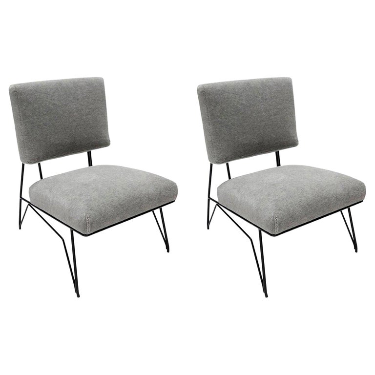 Pair of Custom 1960s Style Black Metal Chairs in Grey Alpaca by Adesso ...