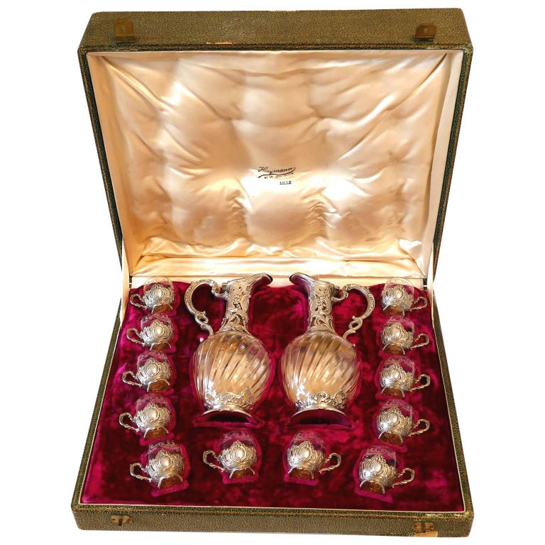 Rare French Sterling Silver 18k Gold Liquor Set 14 Pc, Decanter Pair ...