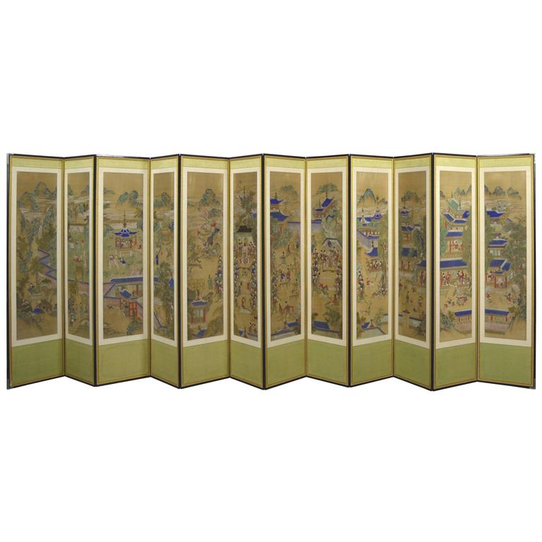 19th Century Korean 12 Panel Silk Hand-Painted Folding Screen at ...