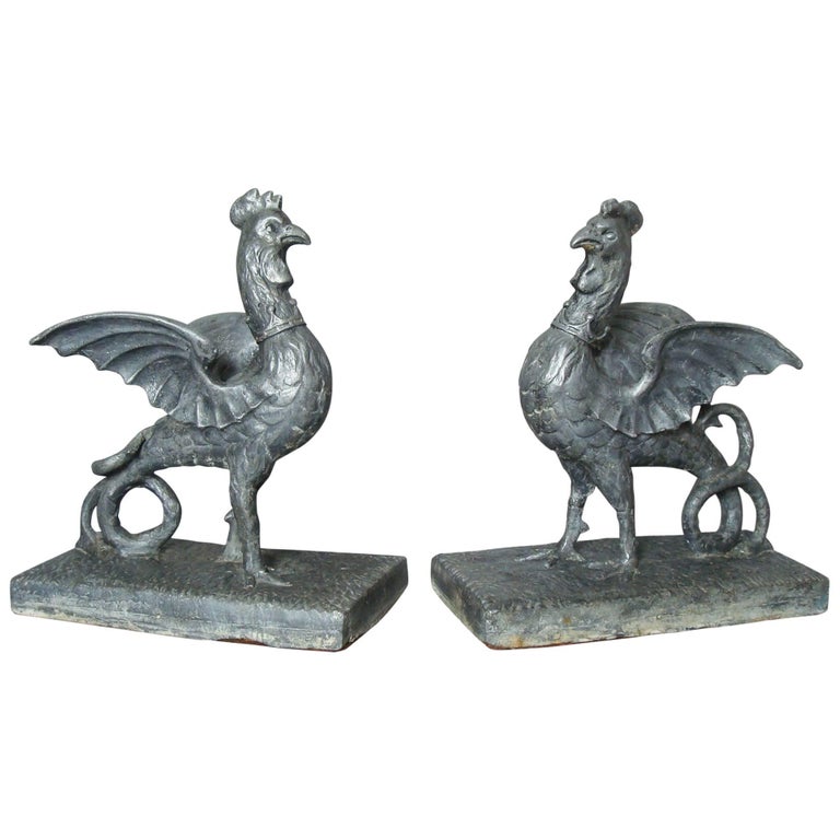 18th Century Pair of Lead Cockertrice, Heraldic Cockerels at 1stDibs