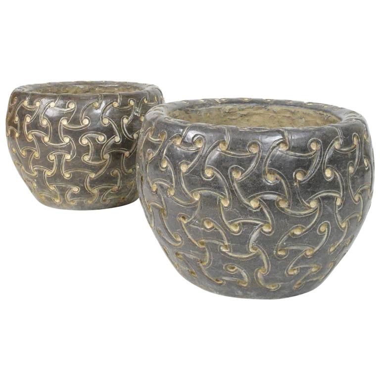 Pair of Deco Style Celtic Decorated Carved Stone Planters For Sale at ...