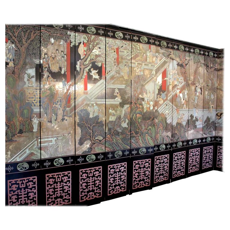 Huge Vintage Large Chinese Coromandel 12-Panel Carved Lacquer Screen ...