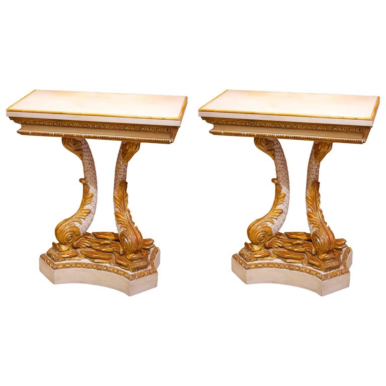 Pair of Lacquered Gilded Dolphin Consoles Tables White Marble Top, 19th ...