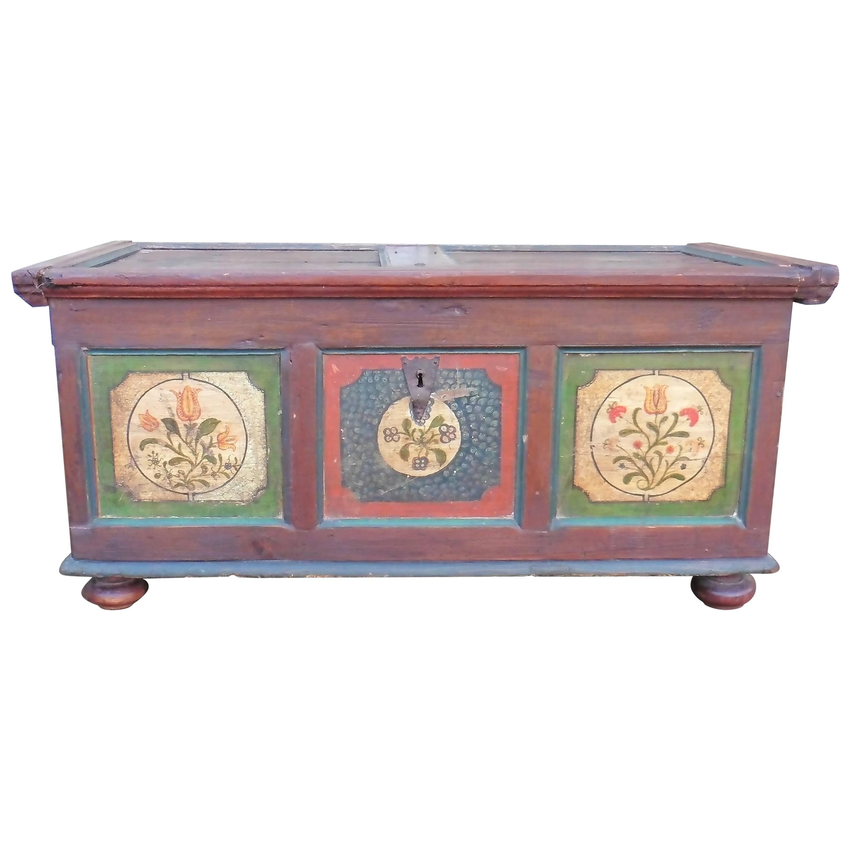 Large European Hand Painted Painted Marriage Chest, Blanket Box at 1stDibs