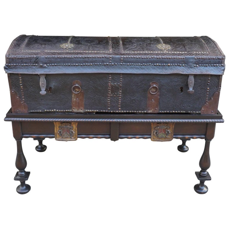 17th Century English Leather Travel Trunk on Later Stand For Sale at ...