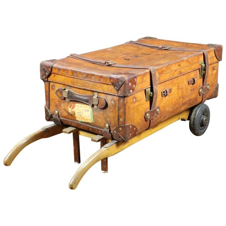 1930s Leather Trunk Fixed on Old Trolley For Sale at 1stDibs