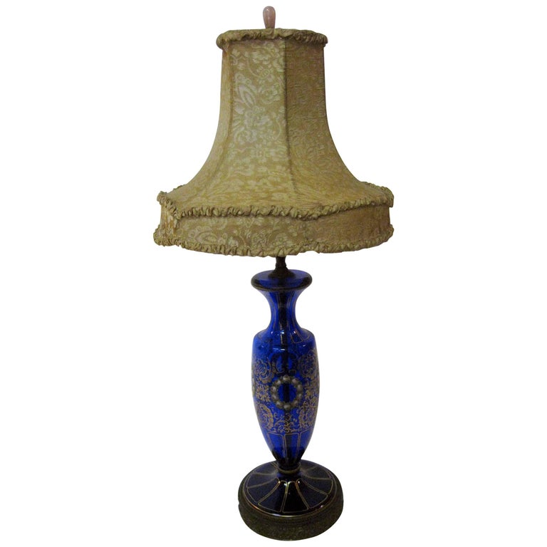 Moser Bohemian Cobalt Blue Art Glass Lamp with Pink Roses at 1stDibs