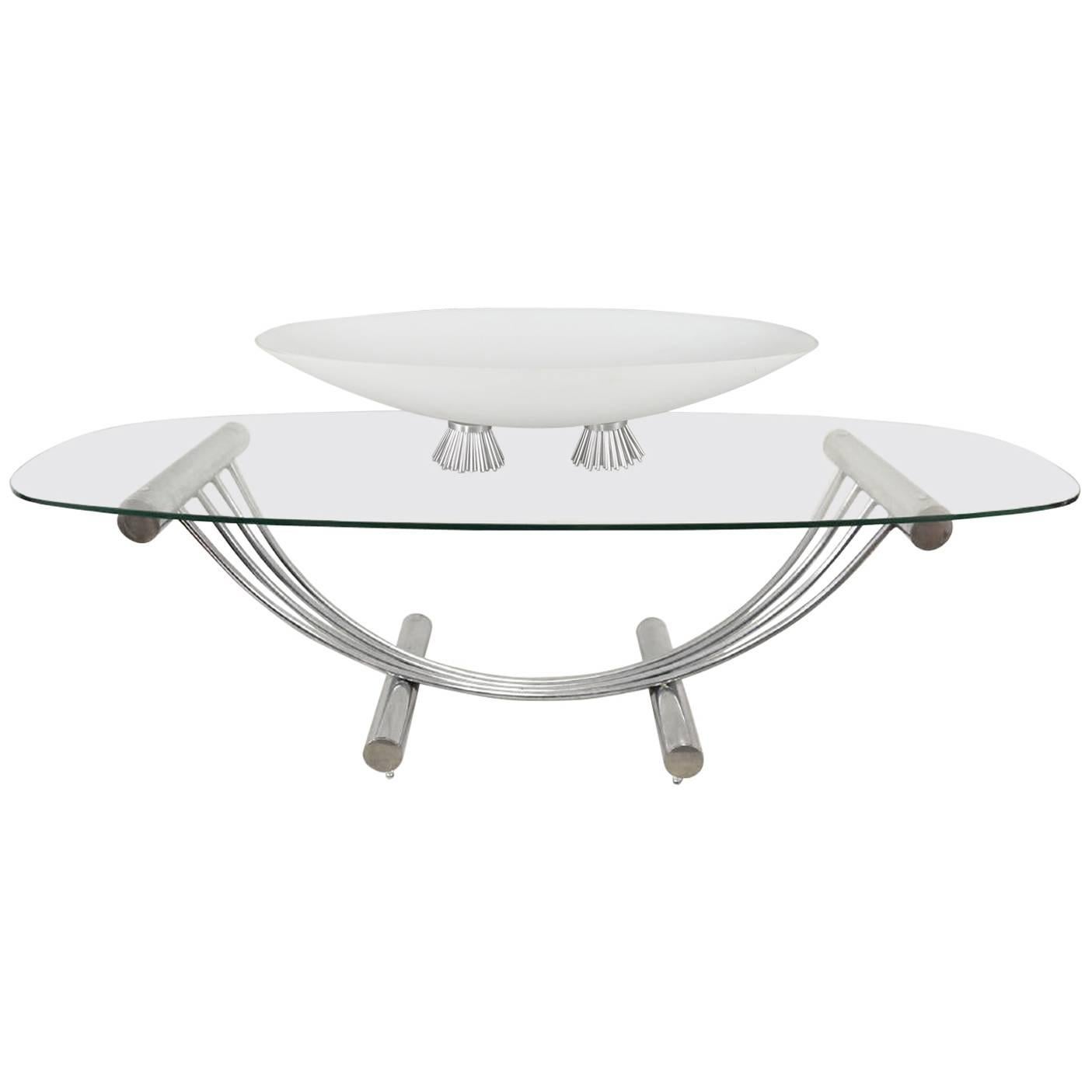 Mid-Century Modern Tubular Chrome Oval Glass Coffee Table with Center ...