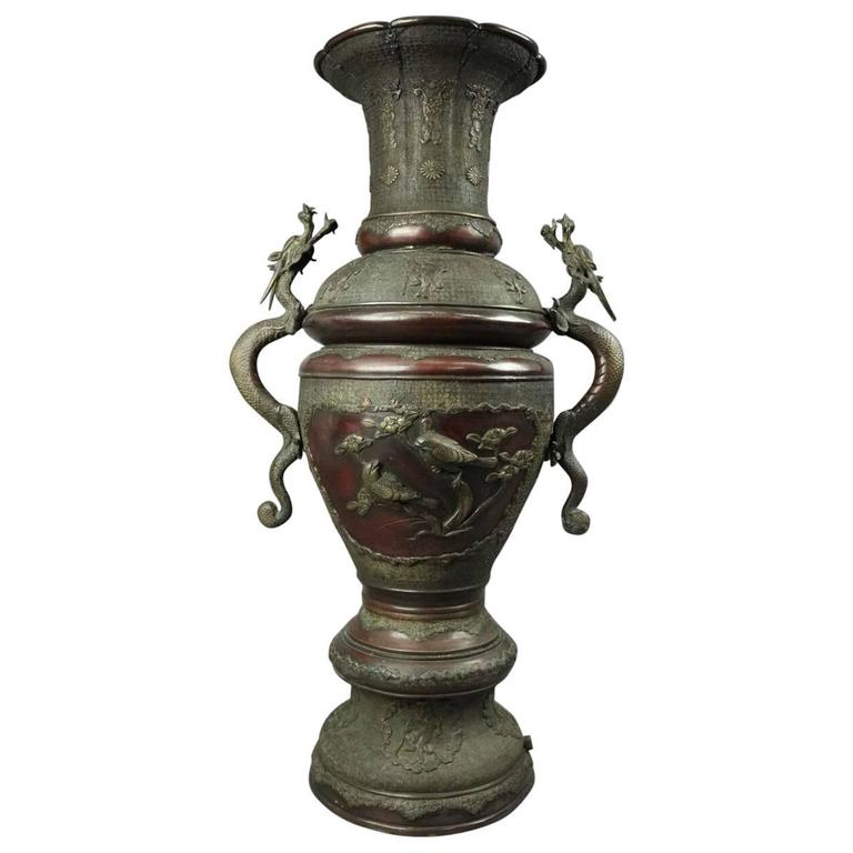 Antique Japanese Meiji Figural Bronze Floor Urn with Dragons, Birds and ...